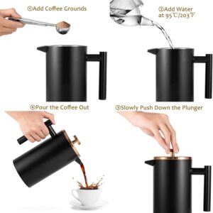 Miuly Black Coffee Press, Stainless Steel French Press Coffee Maker, Double Wall Insulated French Press 350ml/12oz with 2 Filter Mesh Small Coffee Pot(12oz, Black)