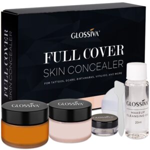 glossiva tattoo cover up makeup waterproof concealer for dark spots, scars, vitiligo, and more - 2x30ml - use on body, for legs, for men and women (2x30ml)