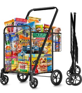 shopping cart, 350 lbs black super capacity grocery cart on wheels jumbo double basket folding shopping cart with 360° rolling swivel wheels utility shopping carts for groceries luggage laundry