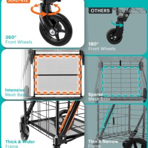 Shopping Cart, 350 lbs Black Super Capacity Grocery Cart on Wheels Jumbo Double Basket Folding Shopping Cart with 360° Rolling Swivel Wheels Utility Shopping Carts for Groceries Luggage Laundry