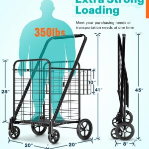 Shopping Cart, 350 lbs Black Super Capacity Grocery Cart on Wheels Jumbo Double Basket Folding Shopping Cart with 360° Rolling Swivel Wheels Utility Shopping Carts for Groceries Luggage Laundry