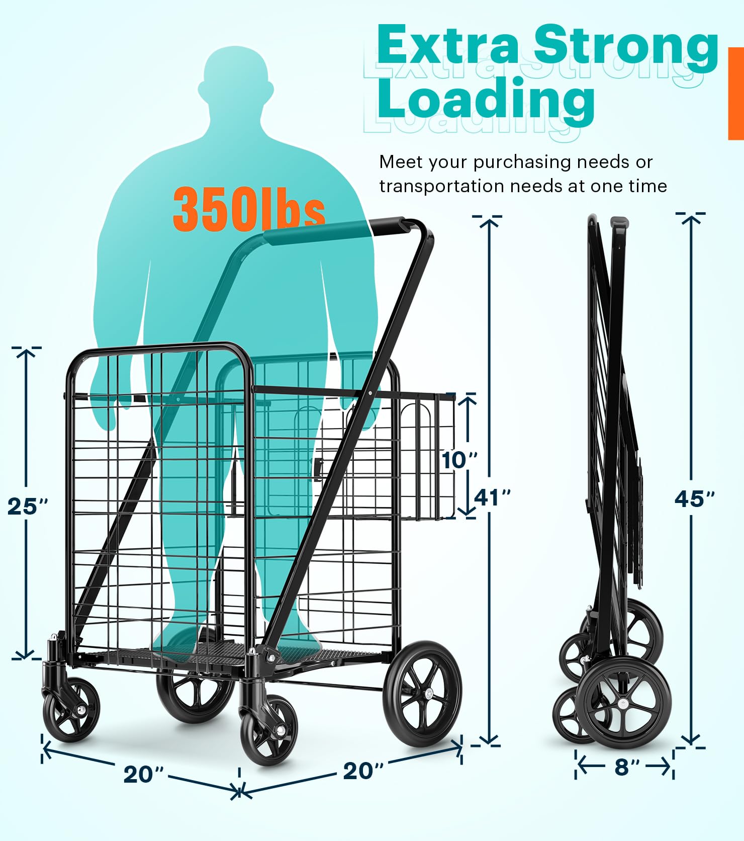 Shopping Cart, 350 lbs Black Super Capacity Grocery Cart on Wheels Jumbo Double Basket Folding Shopping Cart with 360° Rolling Swivel Wheels Utility Shopping Carts for Groceries Luggage Laundry