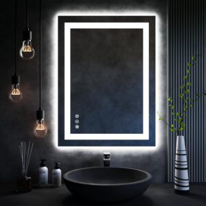 iskm 24''x32'' led lighted bathroom mirror front and backlit vanity mirror for wall anti-fog mirror with lights adjustable 3 colors white/warm/natural lights tempered glass shatter-proof