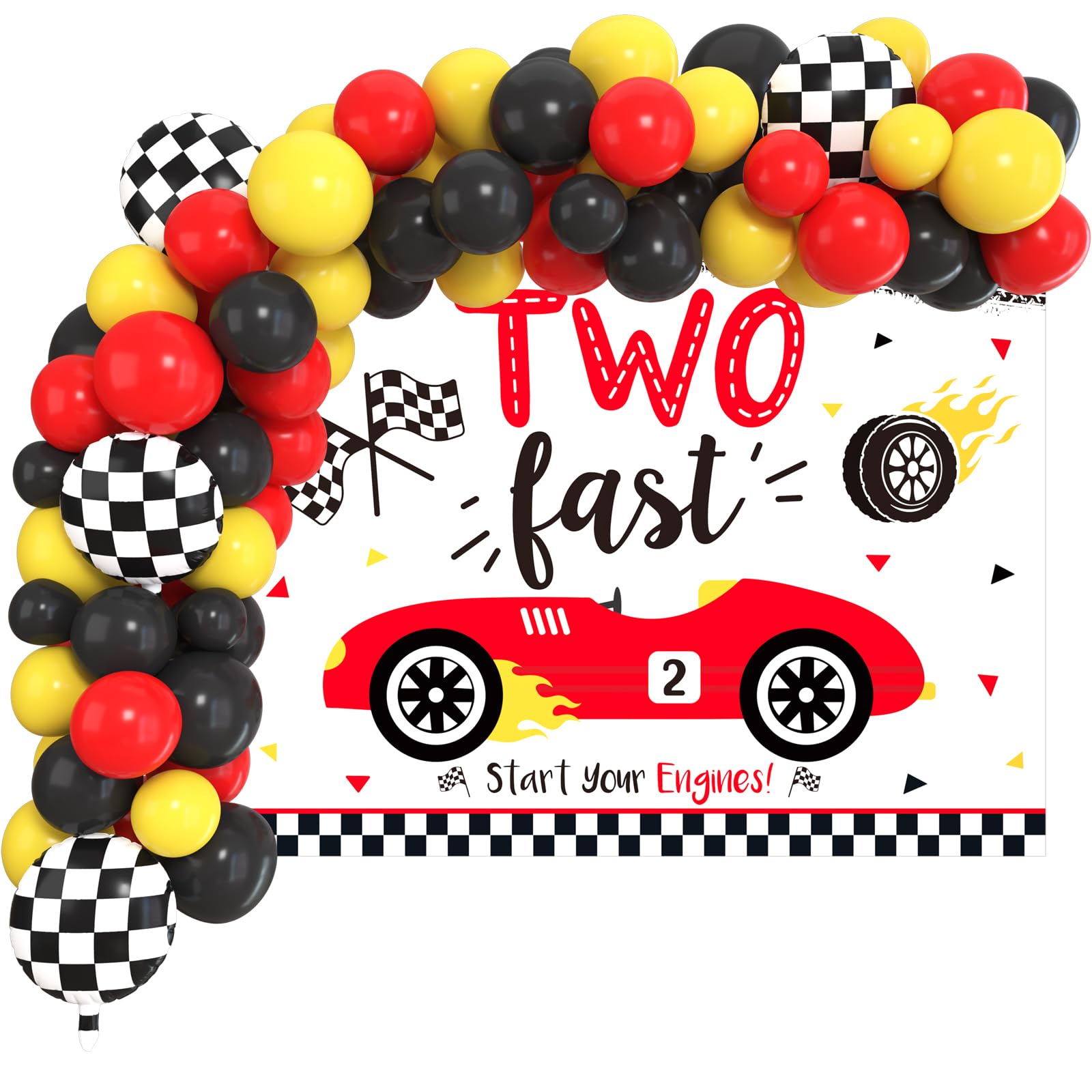 Vansolinne Two Fast Birthday Decoration Race Car 2nd Birthday Backdrop Banner Balloon Garland Kit, Passionate Red Race Car Burning tires Waving Checkered Flag Racing B-day Background Photo Props 83pcs