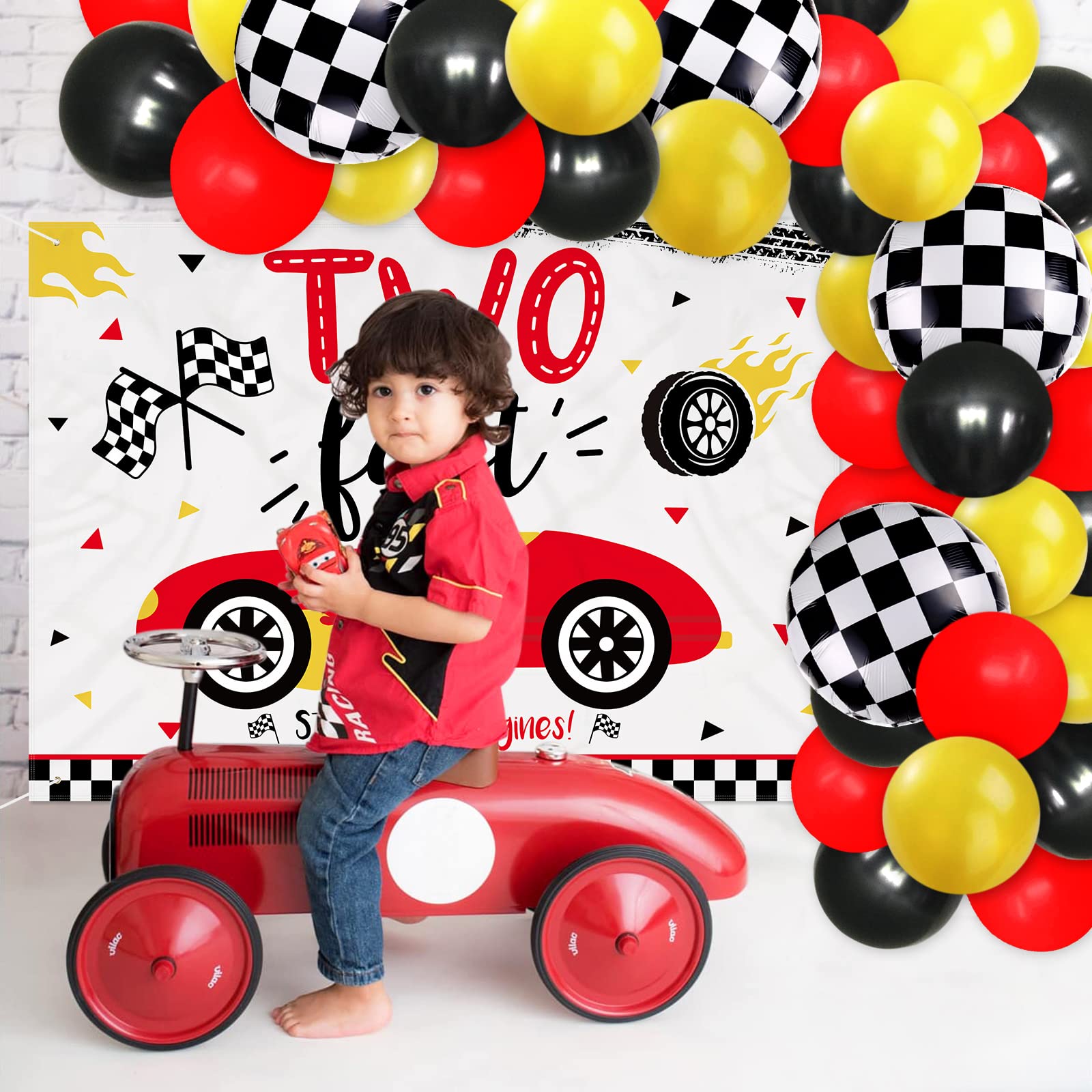 Vansolinne Two Fast Birthday Decoration Race Car 2nd Birthday Backdrop Banner Balloon Garland Kit, Passionate Red Race Car Burning tires Waving Checkered Flag Racing B-day Background Photo Props 83pcs