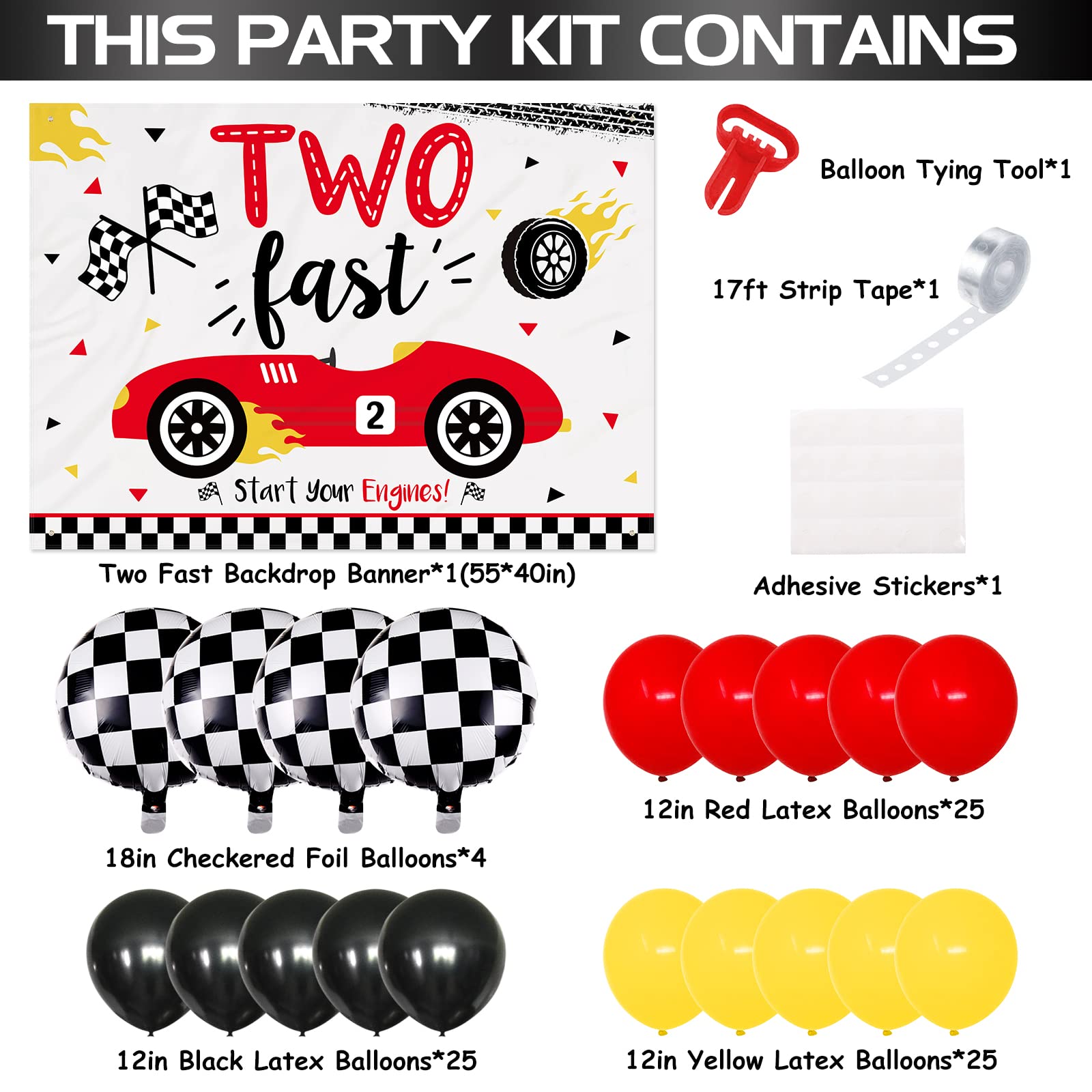 Vansolinne Two Fast Birthday Decoration Race Car 2nd Birthday Backdrop Banner Balloon Garland Kit, Passionate Red Race Car Burning tires Waving Checkered Flag Racing B-day Background Photo Props 83pcs