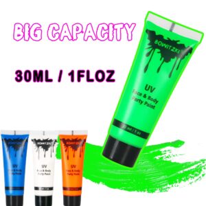 Bowitzki UV Neon Face and Body Paint 8 x 30ml (1.0 fl oz) Liquid Large Kit Black Light Glow in the Dark Makeup Set Fluorescent Painting for Adults Kids Music Festivals Party Halloween Christmas