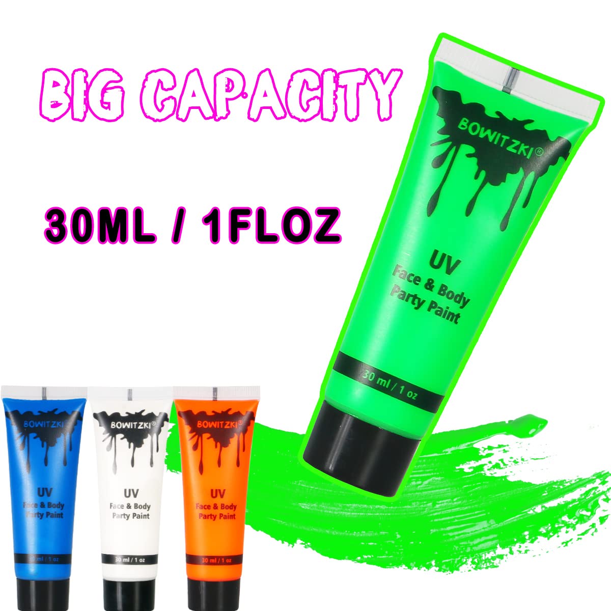 Bowitzki UV Neon Face and Body Paint 8 x 30ml (1.0 fl oz) Liquid Large Kit Black Light Glow in the Dark Makeup Set Fluorescent Painting for Adults Kids Music Festivals Party Halloween Christmas