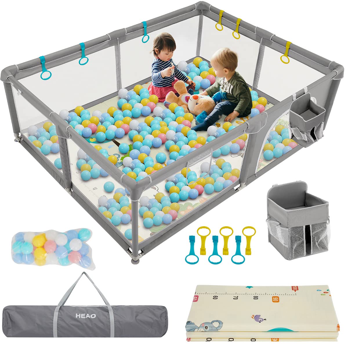 HEAO XXL 79x59 Baby Playpen with Playmat & stroage Bag Kids Large Playard with 30PCS Pit Balls Indoor & Outdoor Kids Activity Center Infant Safety Gates Light Grey