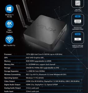 MINIX NGC-5 Pro, Intel i5-10210U 8GB/256GB NVMe SSD Windows 11 Pro Mini PC, Triple 4K @ 60Hz Display/HDMI 2.0/ USB-C/DP/Wi-Fi6/ 2xGigabit Ethernet/4USB 3.1. Support 4G LTE, SSD (SATA), Auto Power On