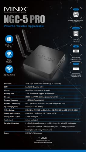 MINIX NGC-5 Pro, Intel i5-10210U 8GB/256GB NVMe SSD Windows 11 Pro Mini PC, Triple 4K @ 60Hz Display/HDMI 2.0/ USB-C/DP/Wi-Fi6/ 2xGigabit Ethernet/4USB 3.1. Support 4G LTE, SSD (SATA), Auto Power On