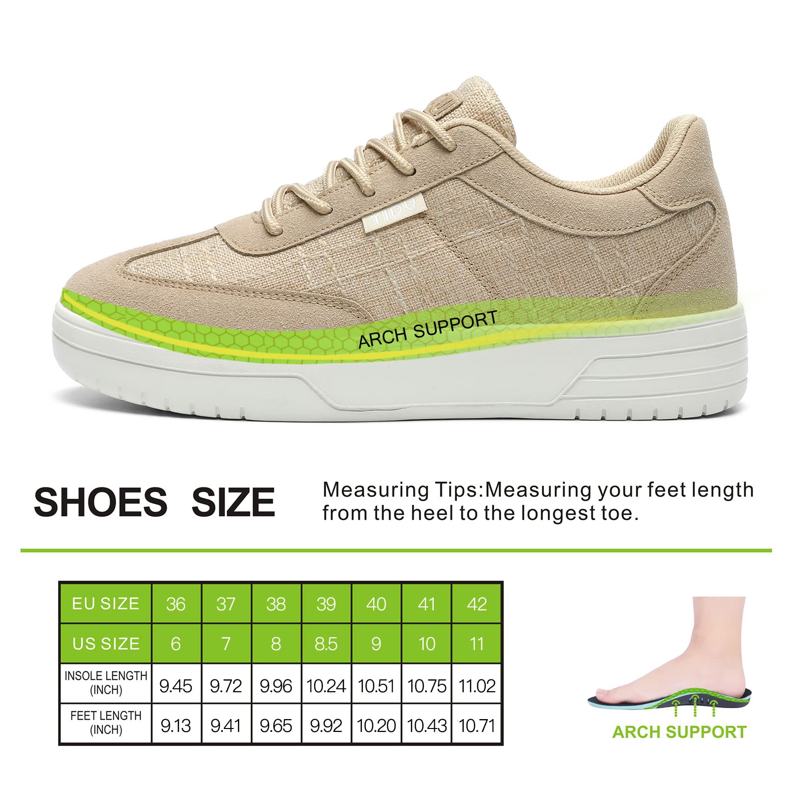 Womens Comfortable Fashion Canvas Sneakers with Arch Support Lace Up Casual Walking Shoes for Plantar Fasciitis Khaki Size 8.5