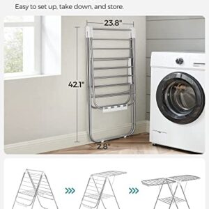 SONGMICS Clothes Drying Rack, with Sock Clips, Metal Laundry Rack, Foldable, Space-Saving, Free-Standing Airer, with Height-Adjustable Gullwings, Indoor Outdoor Use, Silver and White ULLR052W01