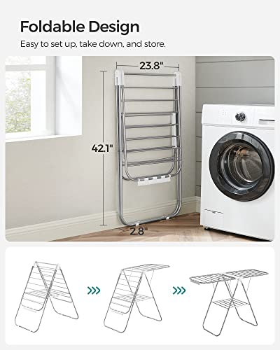 SONGMICS Clothes Drying Rack, with Sock Clips, Metal Laundry Rack, Foldable, Space-Saving, Free-Standing Airer, with Height-Adjustable Gullwings, Indoor Outdoor Use, Silver and White ULLR052W01