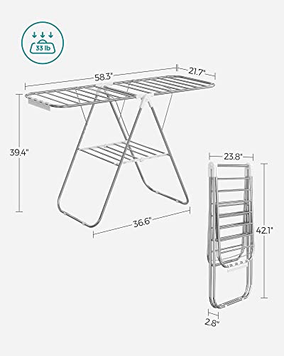 SONGMICS Clothes Drying Rack, with Sock Clips, Metal Laundry Rack, Foldable, Space-Saving, Free-Standing Airer, with Height-Adjustable Gullwings, Indoor Outdoor Use, Silver and White ULLR052W01