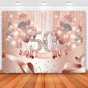 Sensfun Happy 50th Birthday Backdrop Rose Gold Diamonds Fabulous 50th Birthday Background Glitter Balloons Fifty Years Old Age Women Birthday Party Banner Decorations Supplies 7x5ft