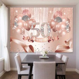 Sensfun Happy 50th Birthday Backdrop Rose Gold Diamonds Fabulous 50th Birthday Background Glitter Balloons Fifty Years Old Age Women Birthday Party Banner Decorations Supplies 7x5ft