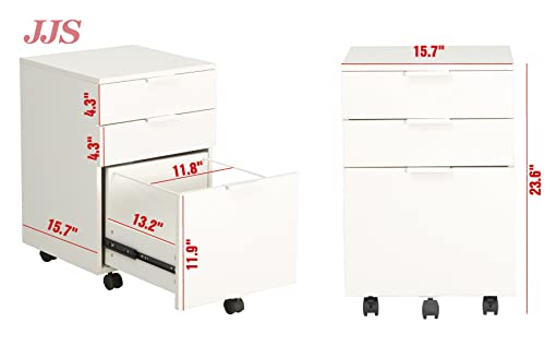 JJS 3 Drawer Rolling Wood File Cabinet with Locking Wheels, Home Office Portable Vertical Mobile Wooden Storage Filing Cabinet for Letter Size, White