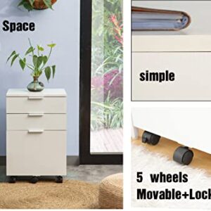 JJS 3 Drawer Rolling Wood File Cabinet with Locking Wheels, Home Office Portable Vertical Mobile Wooden Storage Filing Cabinet for Letter Size, White