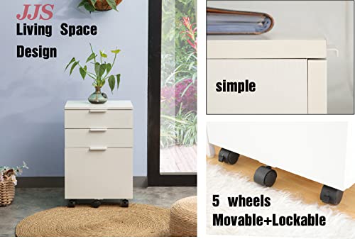 JJS 3 Drawer Rolling Wood File Cabinet with Locking Wheels, Home Office Portable Vertical Mobile Wooden Storage Filing Cabinet for Letter Size, White