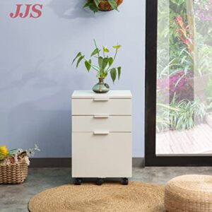 JJS 3 Drawer Rolling Wood File Cabinet with Locking Wheels, Home Office Portable Vertical Mobile Wooden Storage Filing Cabinet for Letter Size, White