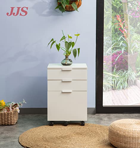 JJS 3 Drawer Rolling Wood File Cabinet with Locking Wheels, Home Office Portable Vertical Mobile Wooden Storage Filing Cabinet for Letter Size, White