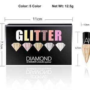 Go Ho Glitter Liquid Eyeliner Colorful Set,5 Colors Metallic Shimmer White Silver Gold Diamond Eye Liner,Glitter Eyeliner Make up,Waterproof Long Lasting Glow Sparkle Eye Makeup