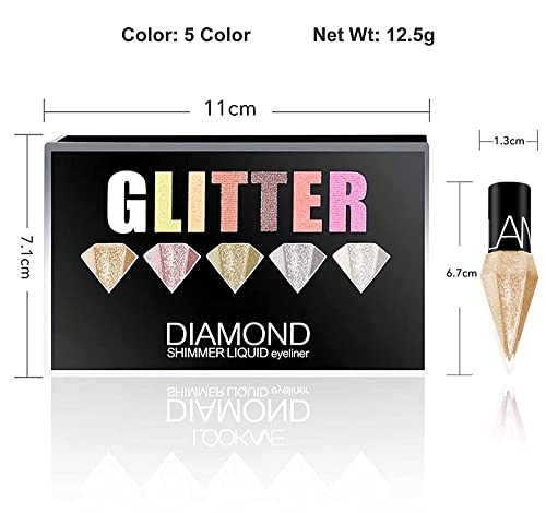 Go Ho Glitter Liquid Eyeliner Colorful Set,5 Colors Metallic Shimmer White Silver Gold Diamond Eye Liner,Glitter Eyeliner Make up,Waterproof Long Lasting Glow Sparkle Eye Makeup