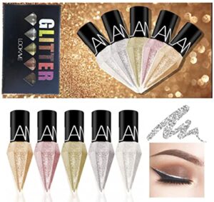 go ho glitter liquid eyeliner colorful set,5 colors metallic shimmer white silver gold diamond eye liner,glitter eyeliner make up,waterproof long lasting glow sparkle eye makeup