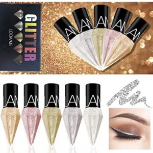 Go Ho Glitter Liquid Eyeliner Colorful Set,5 Colors Metallic Shimmer White Silver Gold Diamond Eye Liner,Glitter Eyeliner Make up,Waterproof Long Lasting Glow Sparkle Eye Makeup