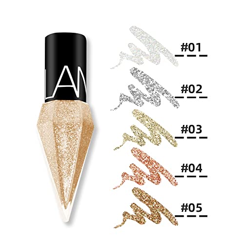 Go Ho Glitter Liquid Eyeliner Colorful Set,5 Colors Metallic Shimmer White Silver Gold Diamond Eye Liner,Glitter Eyeliner Make up,Waterproof Long Lasting Glow Sparkle Eye Makeup