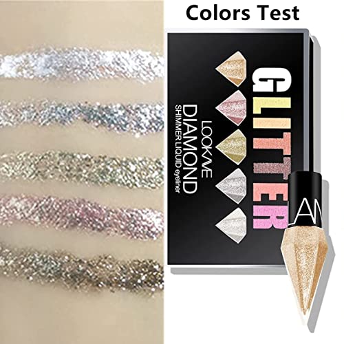 Go Ho Glitter Liquid Eyeliner Colorful Set,5 Colors Metallic Shimmer White Silver Gold Diamond Eye Liner,Glitter Eyeliner Make up,Waterproof Long Lasting Glow Sparkle Eye Makeup