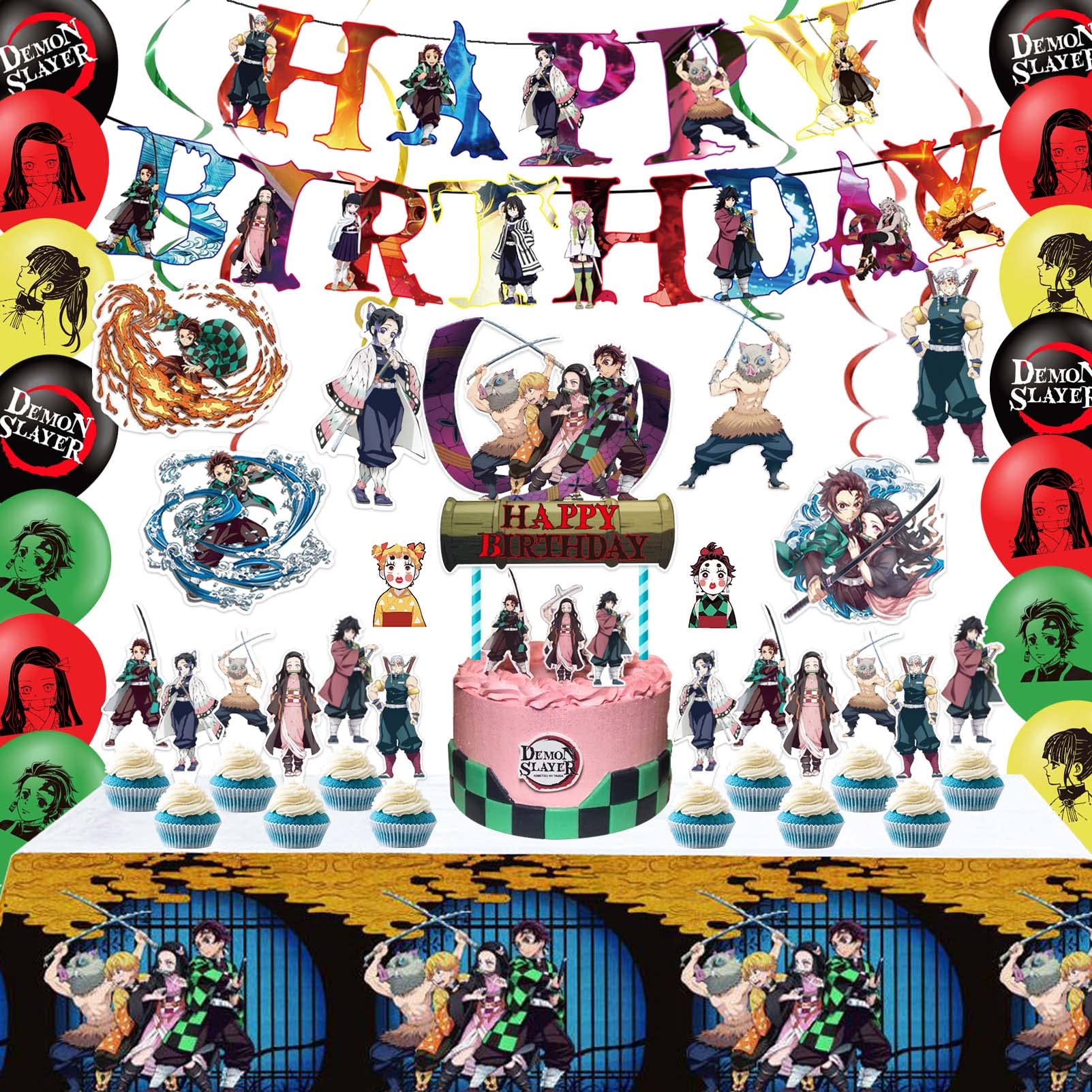 Anime Birthday Party Decorations, 99pcs Demon Inspired Slayer Party Supplies Include Stickers, Banner, Cupcake Toppers, Tablecloth, Balloons for Kids Anime Theme Party Favor