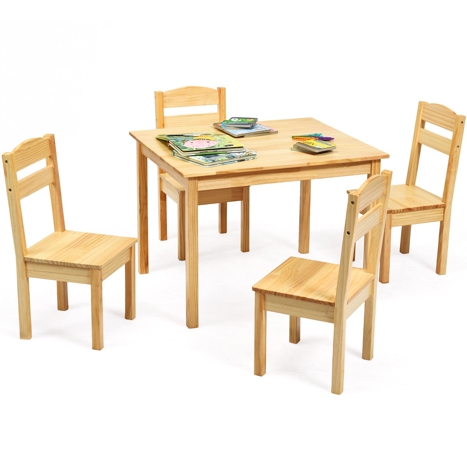 KOTEK Kids Wood Table and 4 Chair Set, Children Multi Activity Table for Learning, Playing, Drawing, Toddler Picnic Table and Chairs Set for Home, Classroom and Daycare (Natural)