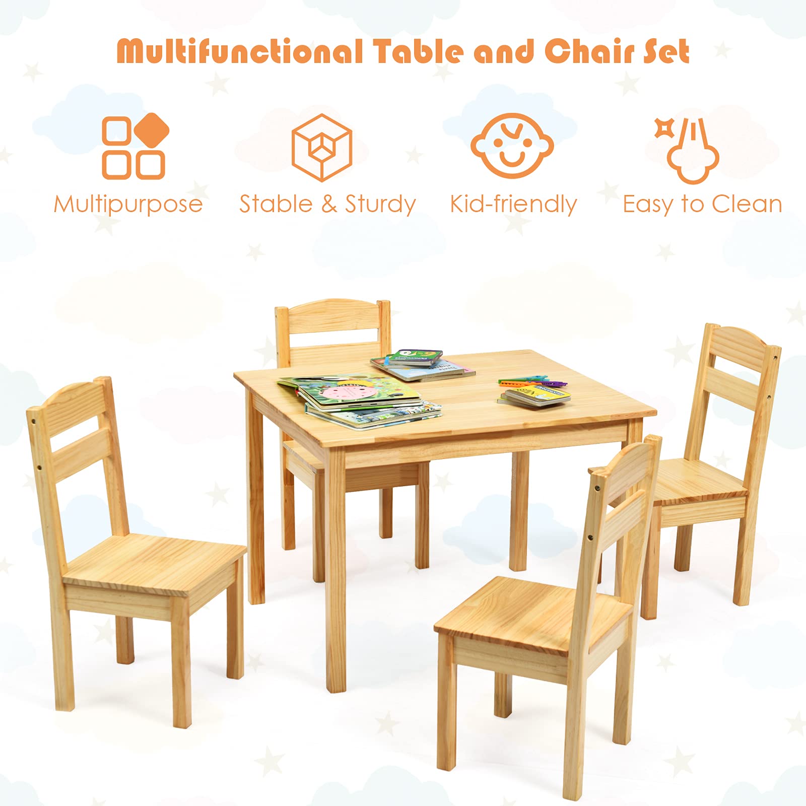 KOTEK Kids Wood Table and 4 Chair Set, Children Multi Activity Table for Learning, Playing, Drawing, Toddler Picnic Table and Chairs Set for Home, Classroom and Daycare (Natural)