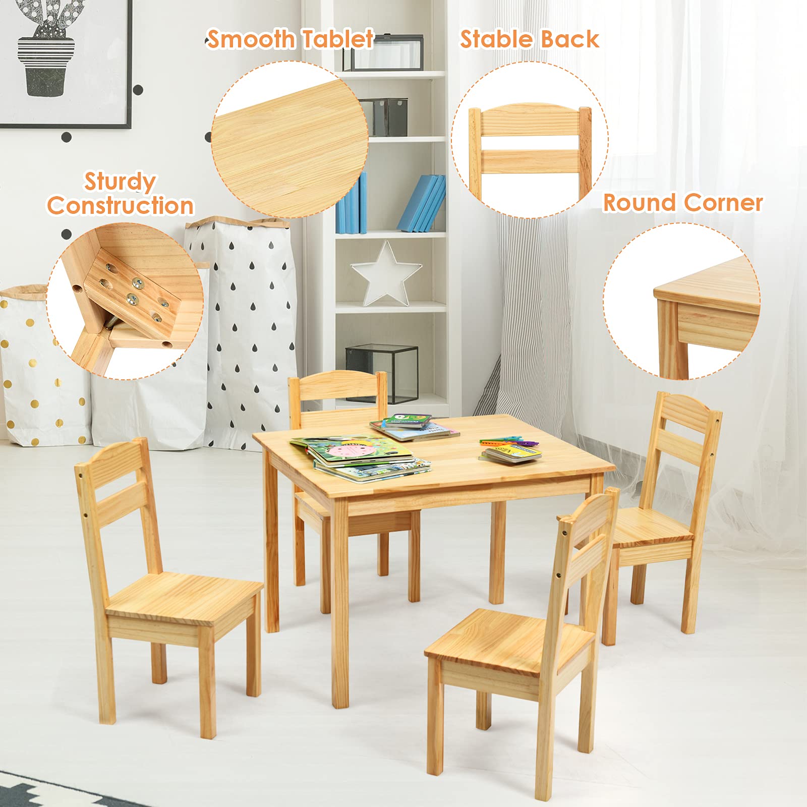 KOTEK Kids Wood Table and 4 Chair Set, Children Multi Activity Table for Learning, Playing, Drawing, Toddler Picnic Table and Chairs Set for Home, Classroom and Daycare (Natural)