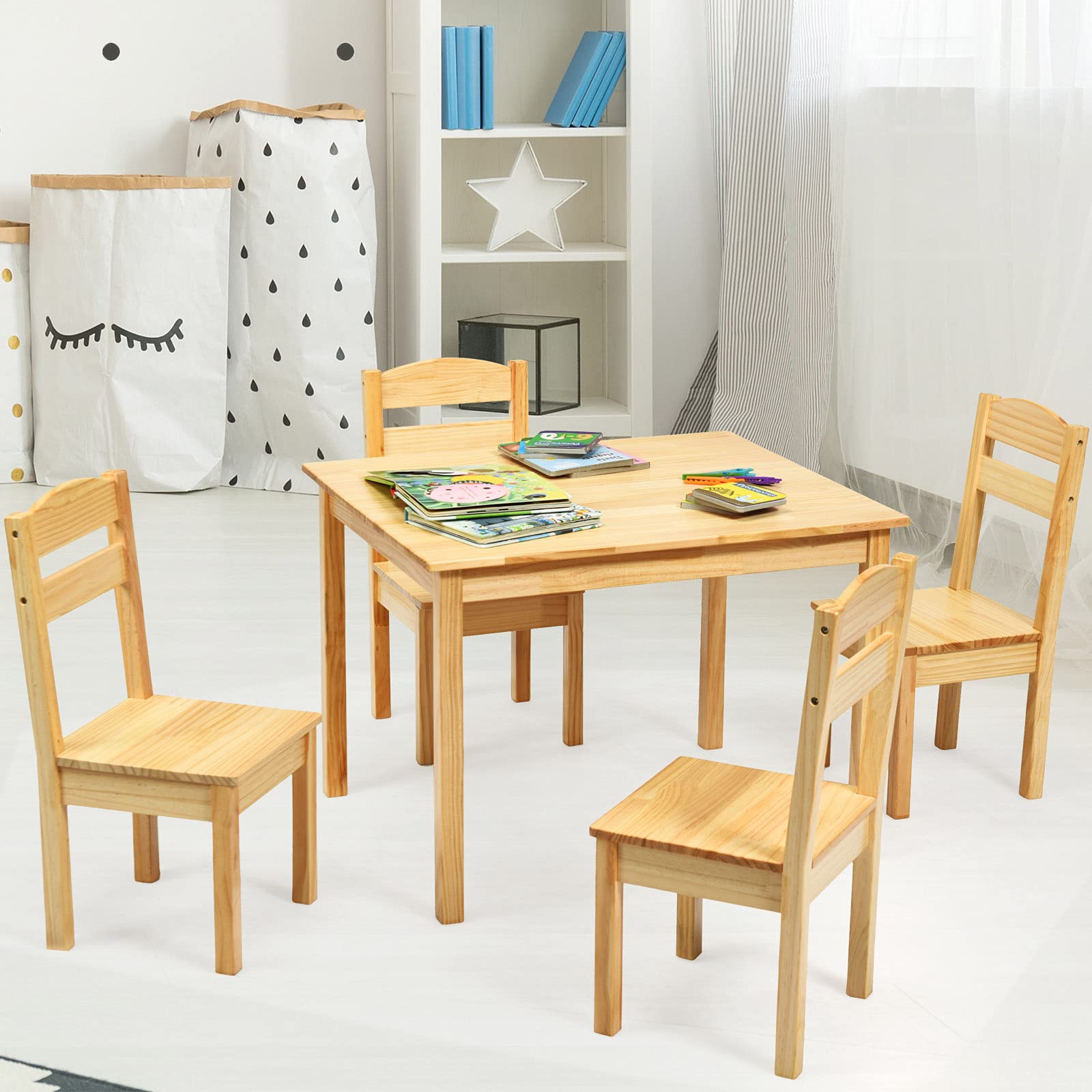 KOTEK Kids Wood Table and 4 Chair Set, Children Multi Activity Table for Learning, Playing, Drawing, Toddler Picnic Table and Chairs Set for Home, Classroom and Daycare (Natural)