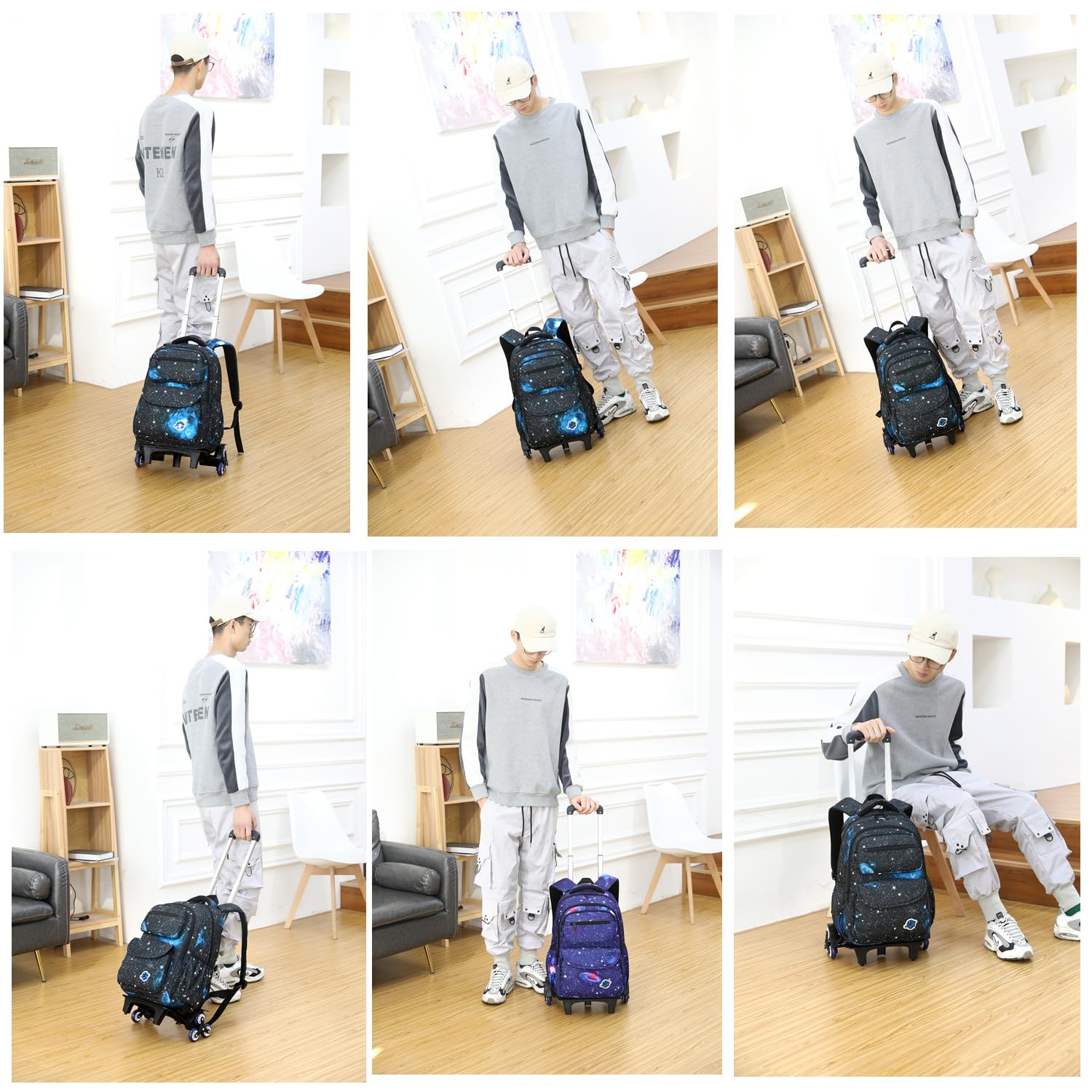 ZHANAO Rolling Backpacks for Boys Girls Trolley School Bags Starry-Sky Print Primary Middle School Boys Wheeled