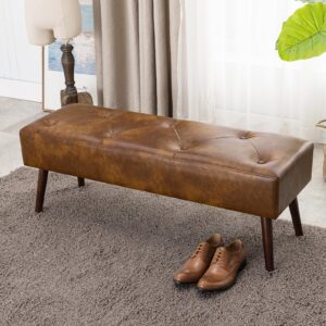 Furniliving 44 Inch Tufted Leather Bench, Leather Footrest Stool Bedroom Bench Seat, Upholstered Tufted Beathable Fabrics Ottoman Bench with X-Shaped Wood Legs for Kitchen, Solid Wood Indoor Bench