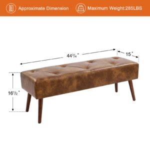 Furniliving 44 Inch Tufted Leather Bench, Leather Footrest Stool Bedroom Bench Seat, Upholstered Tufted Beathable Fabrics Ottoman Bench with X-Shaped Wood Legs for Kitchen, Solid Wood Indoor Bench