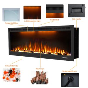 Dreamflame Electric Fireplace 74 inch, Recessed Wall Mounted Fireplace Heater, Logs & Crystal, Multicolor Flame Combinations, Overheating Protection, Black (74")