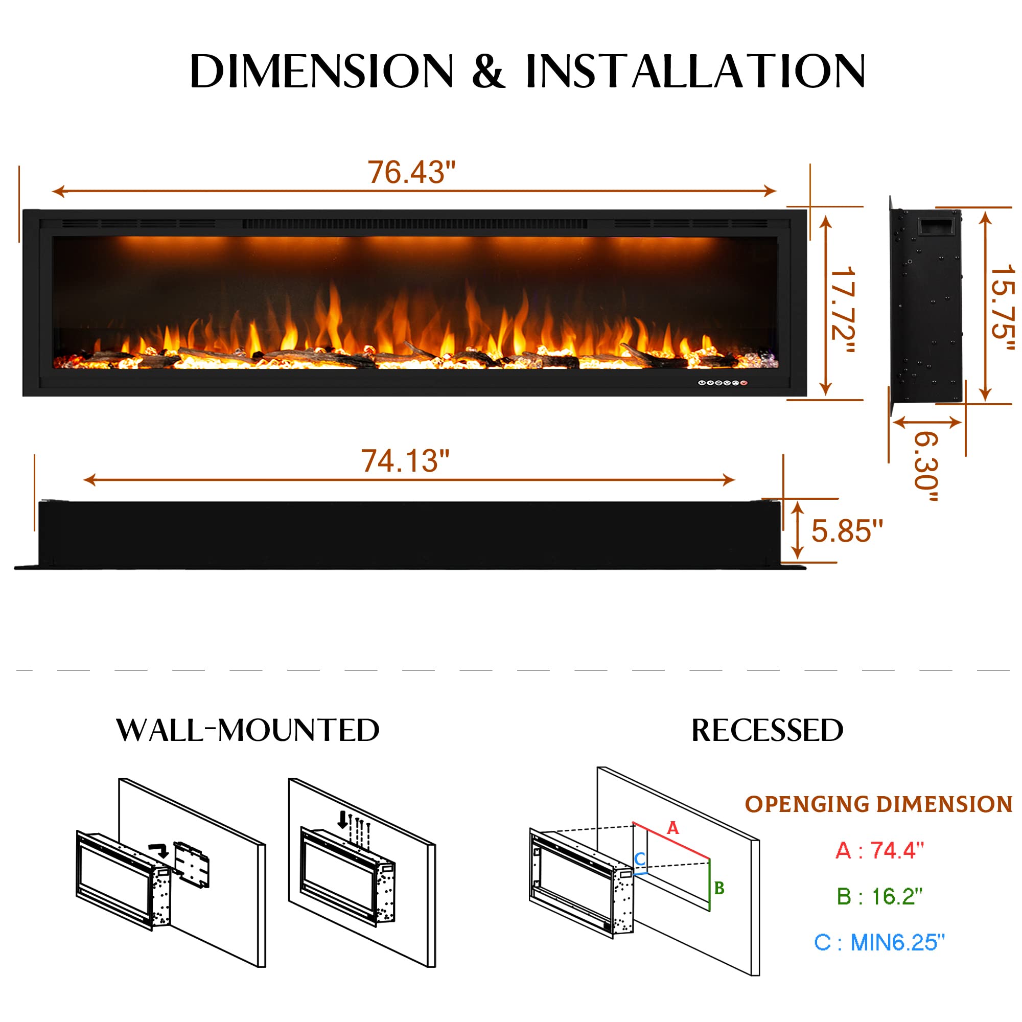 Dreamflame Electric Fireplace 74 inch, Recessed Wall Mounted Fireplace Heater, Logs & Crystal, Multicolor Flame Combinations, Overheating Protection, Black (74")