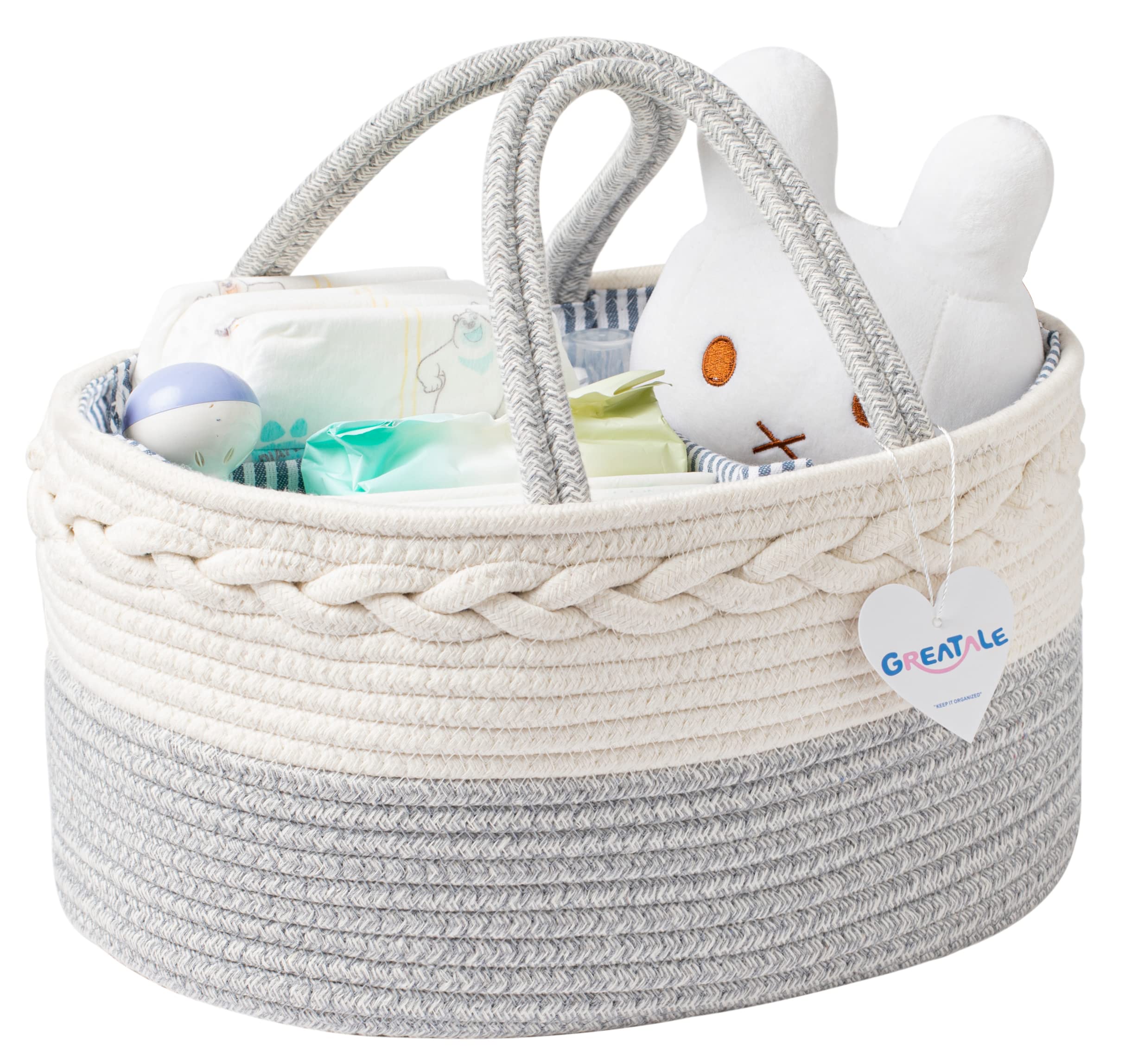 GREATALE Baby Diaper Caddy Organizer - Portable Rope Nursery Storage Bin for Changing Table & Car - Diaper Storage Basket with Removable Divider (Light Grey)