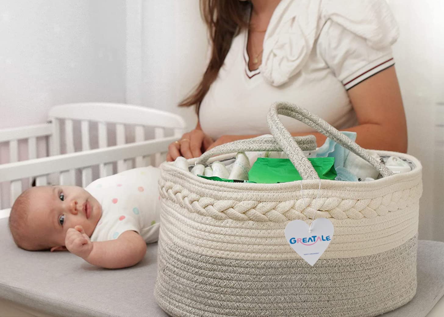 GREATALE Baby Diaper Caddy Organizer - Portable Rope Nursery Storage Bin for Changing Table & Car - Diaper Storage Basket with Removable Divider (Light Grey)