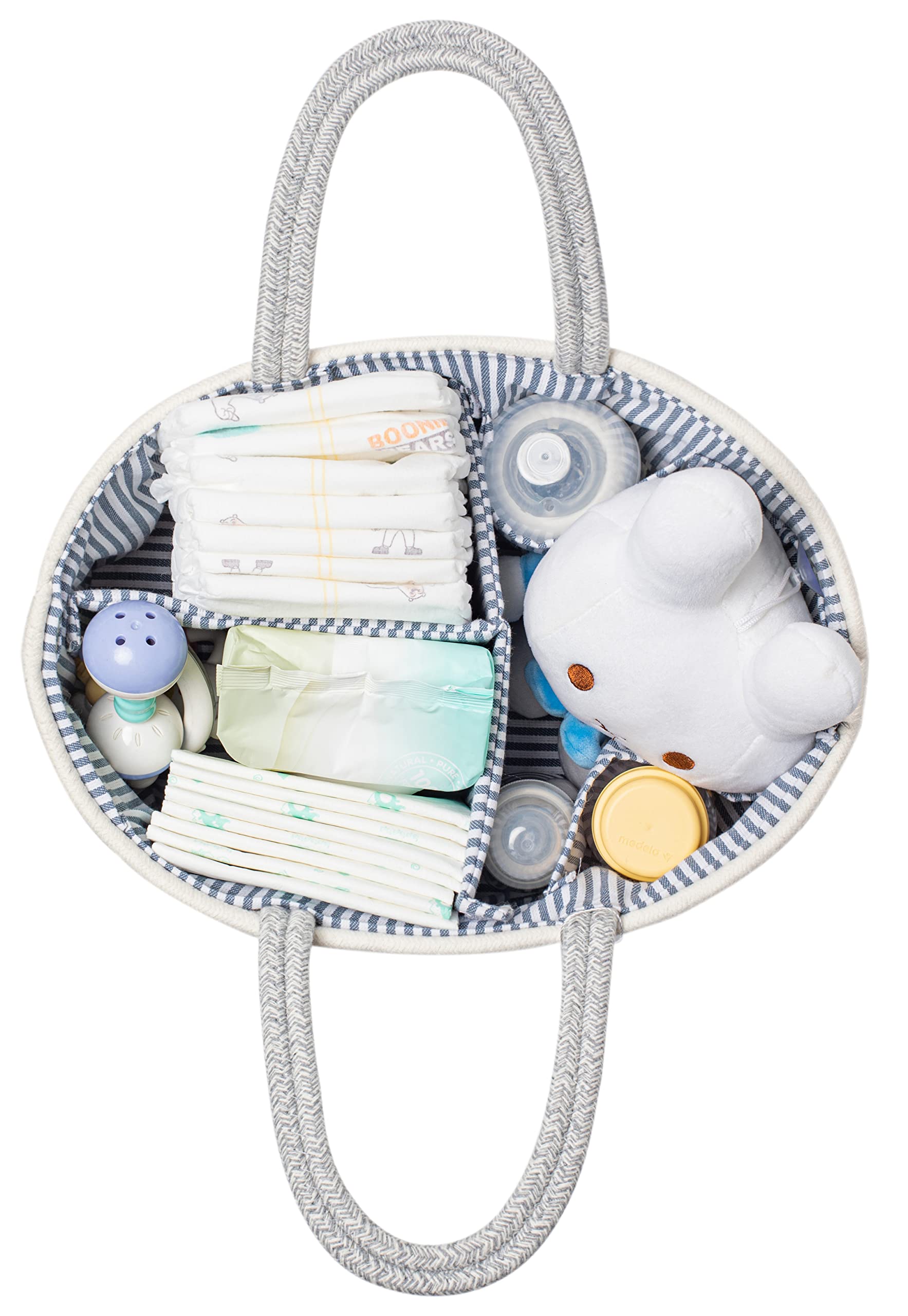 GREATALE Baby Diaper Caddy Organizer - Portable Rope Nursery Storage Bin for Changing Table & Car - Diaper Storage Basket with Removable Divider (Light Grey)