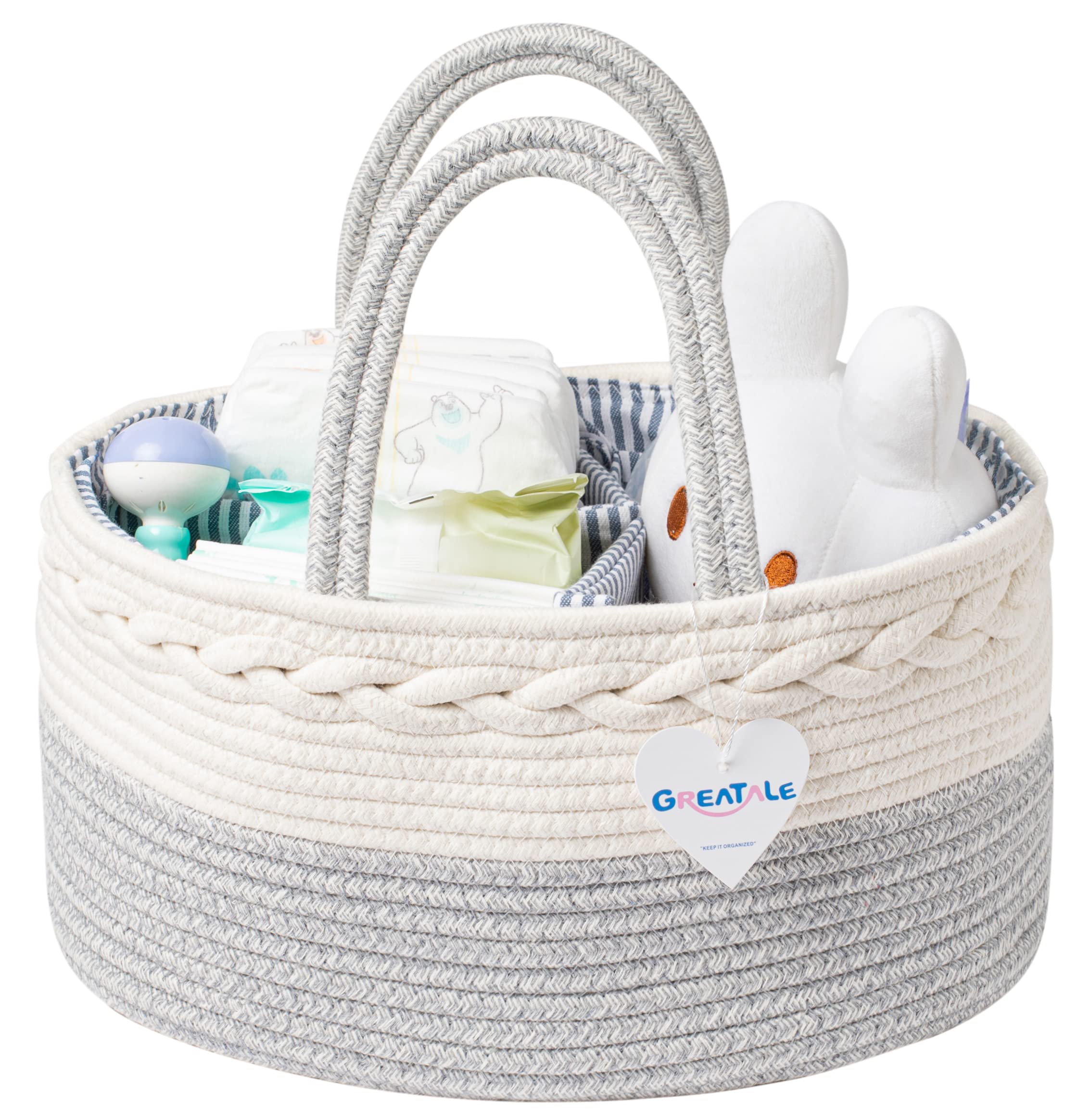 GREATALE Baby Diaper Caddy Organizer - Portable Rope Nursery Storage Bin for Changing Table & Car - Diaper Storage Basket with Removable Divider (Light Grey)