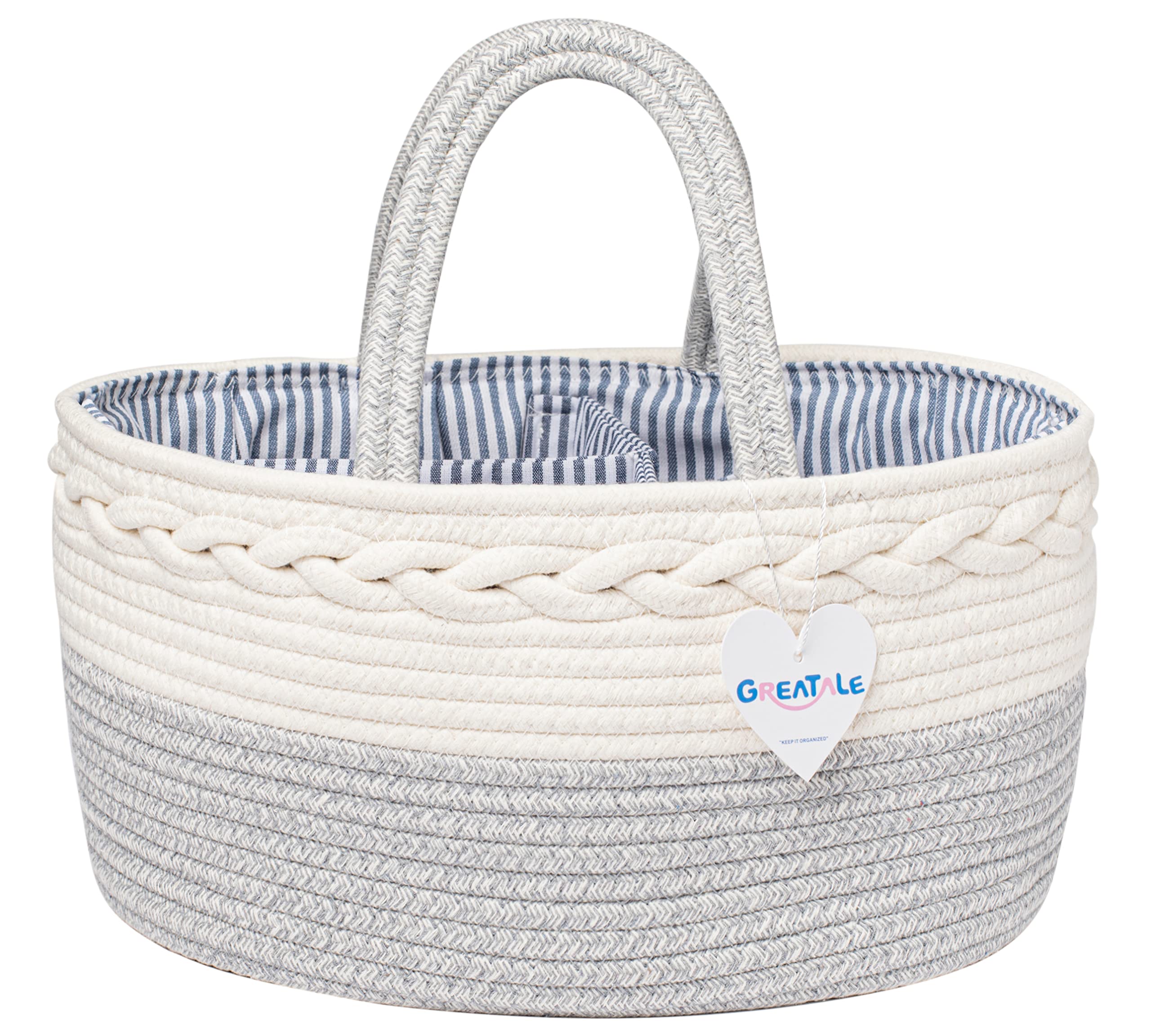 GREATALE Baby Diaper Caddy Organizer - Portable Rope Nursery Storage Bin for Changing Table & Car - Diaper Storage Basket with Removable Divider (Light Grey)