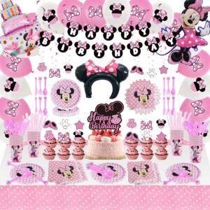 206 pcs birthday party supplies serves 20 guests, party decorations with mouse banner, cake topper, spoons, fork, knife, napkins, tablewear,tablecover and hanging swirls