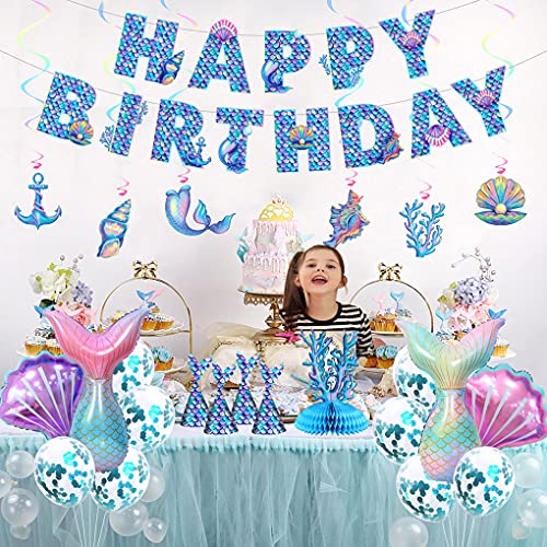 Mermaid Party Decorations, Mermaid Birthday Decorations with Happy Birthday Banner/Balloons Photo Prop/Hanging Swirl Decors (Blue, Decorations)