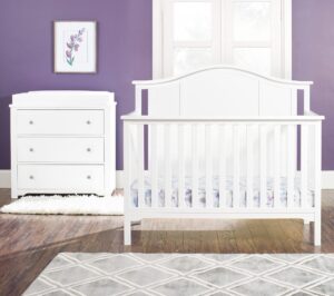 child craft cottage arch top crib and dresser nursery set, 3-piece, includes 4-in-1 convertible crib, 3 drawer dresser, and changing table topper, grows with your baby (matte white)